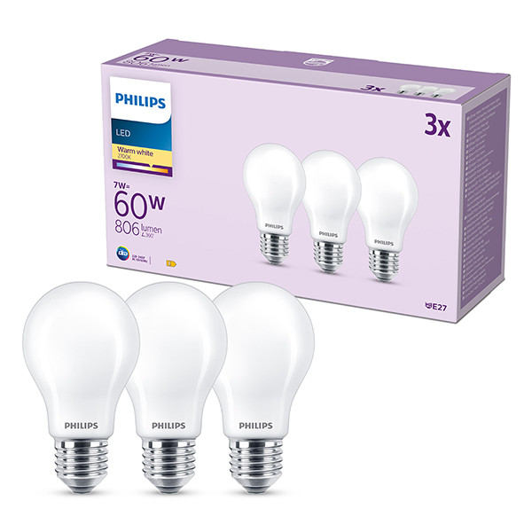 Philips LED lamp E27 | Peer A60 | Mat | 2700K | 7W (60W) | 3 stuks Philips 123led.nl